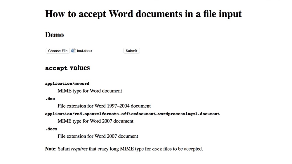 How to accept Word documents in a file input