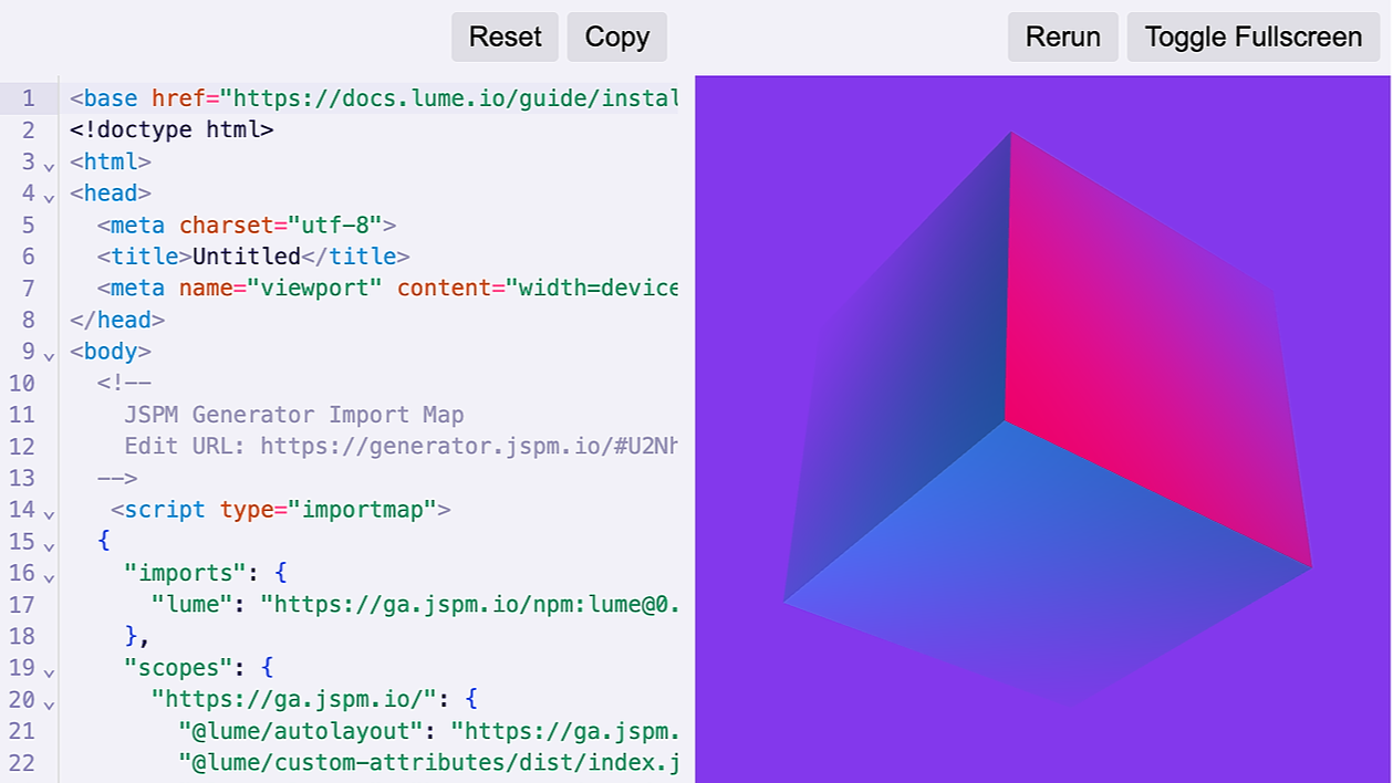 code editor element with live output, unpkg.com importmap