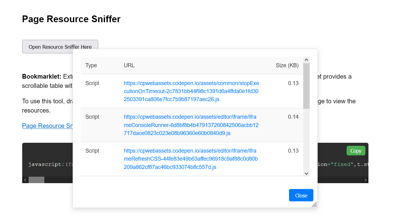 Page Resource Sniffer Bookmarklet